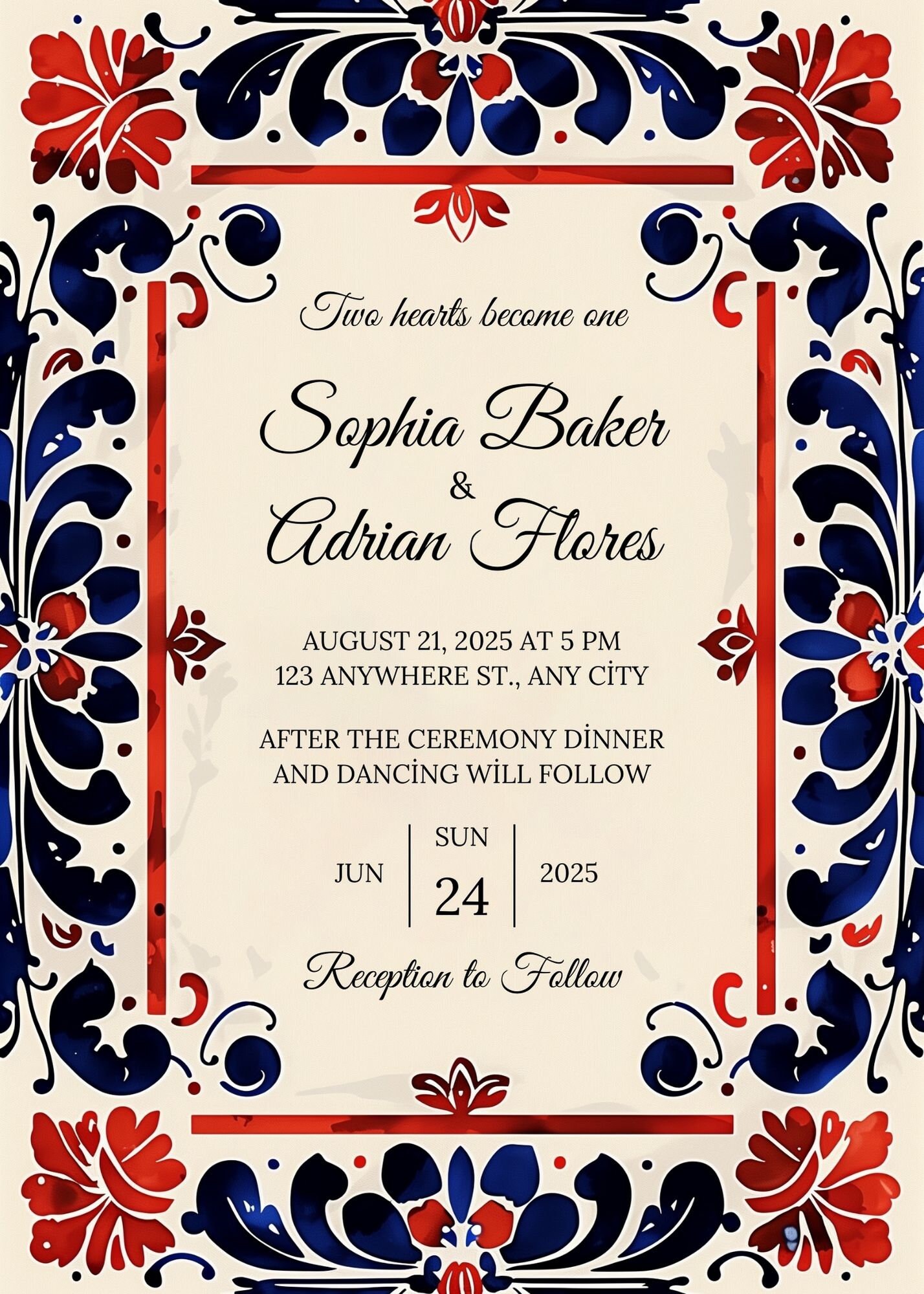 Mexican Wedding Invitation, Talavera Tile Design, Red & Blue Floral ...