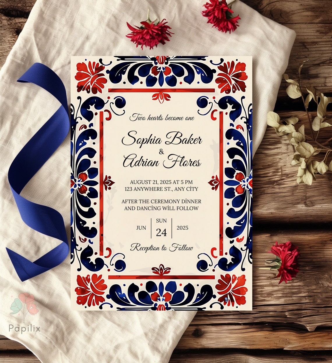 Mexican Wedding Invitation, Talavera Tile Invites, Red and Blue Floral ...
