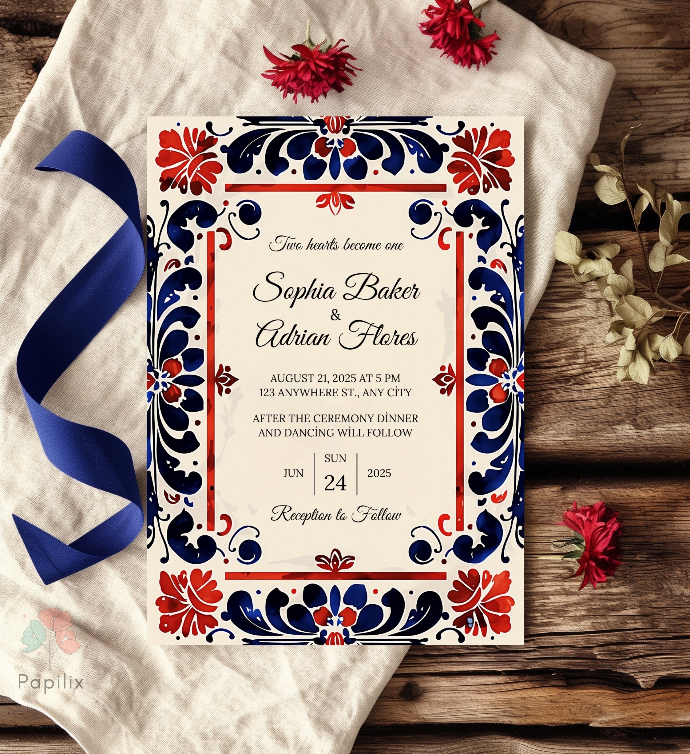 Mexican Wedding Invitation, Talavera Tile Invites, Red and Blue Floral ...