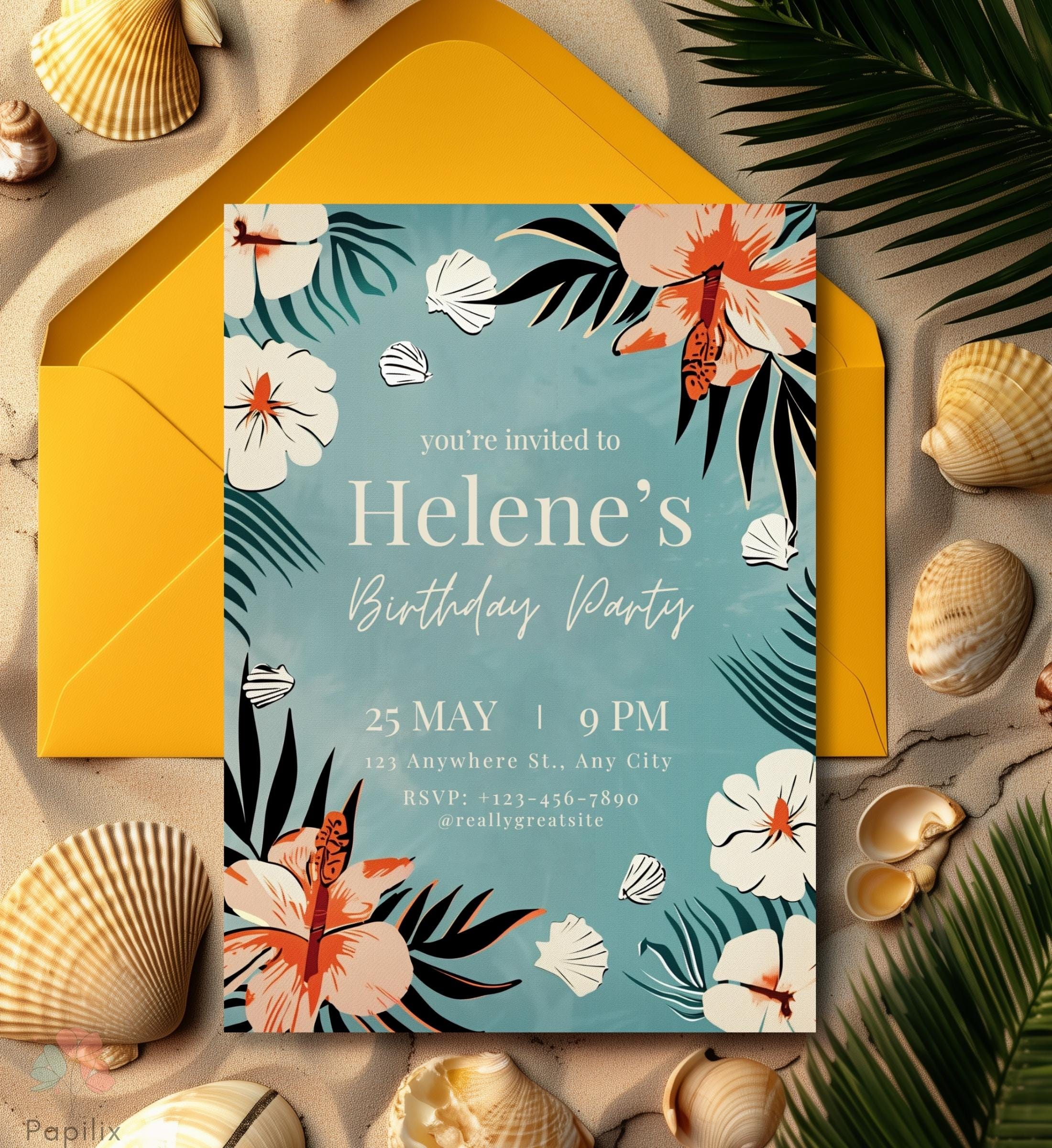 Tropical Floral Party Invitation, Hibiscus and Palm Leaf Party Invite ...