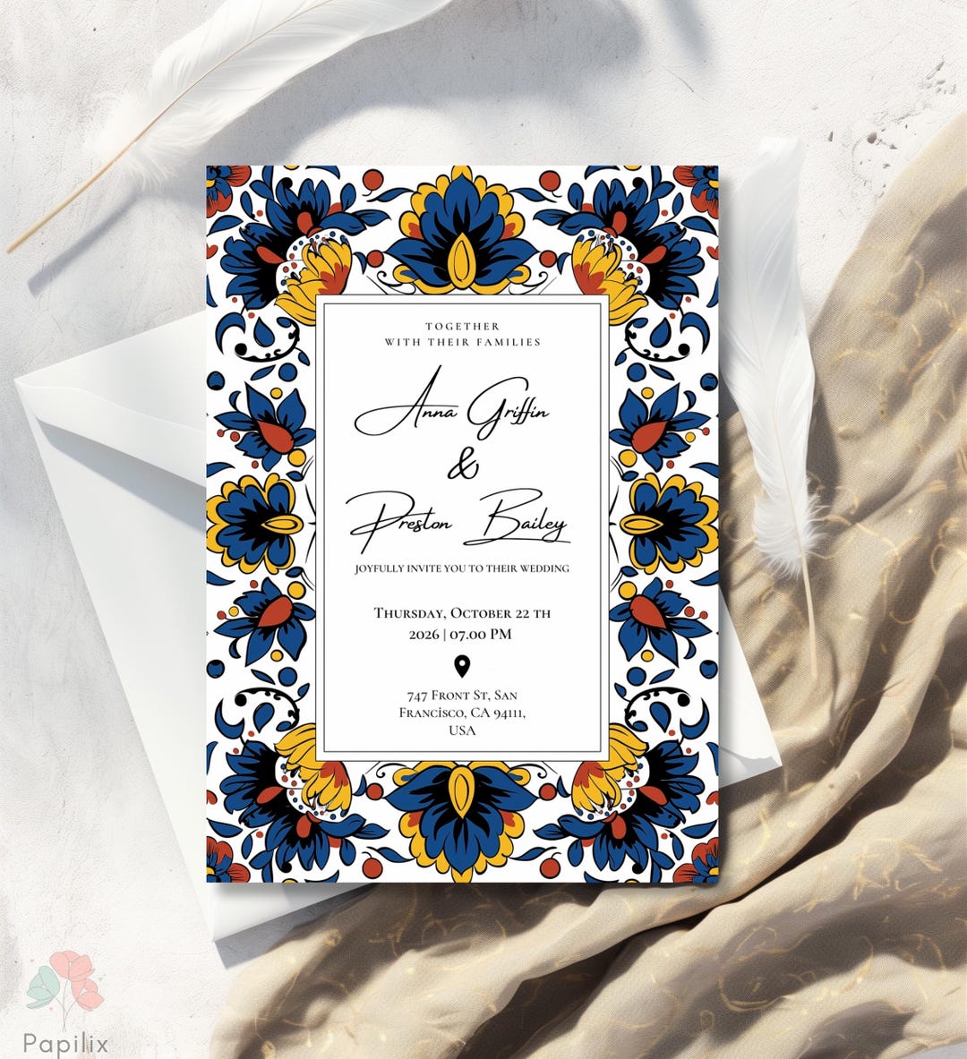Mexican Wedding Invitation, Talavera Tile Pattern, Fiesta Invite, Red ...