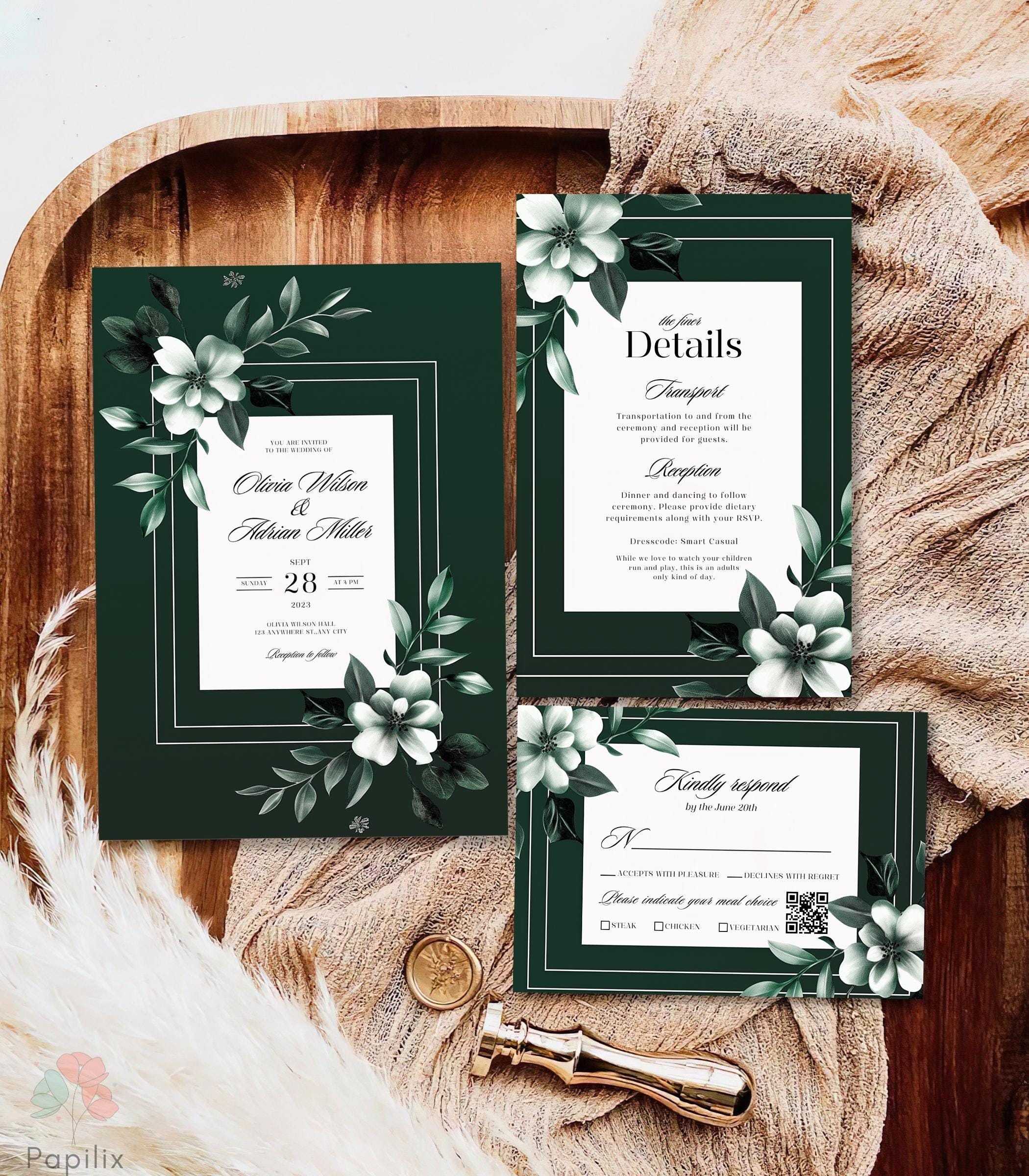Emerald Green Wedding Invitation, Dark Green Floral Invites, Elegant ...
