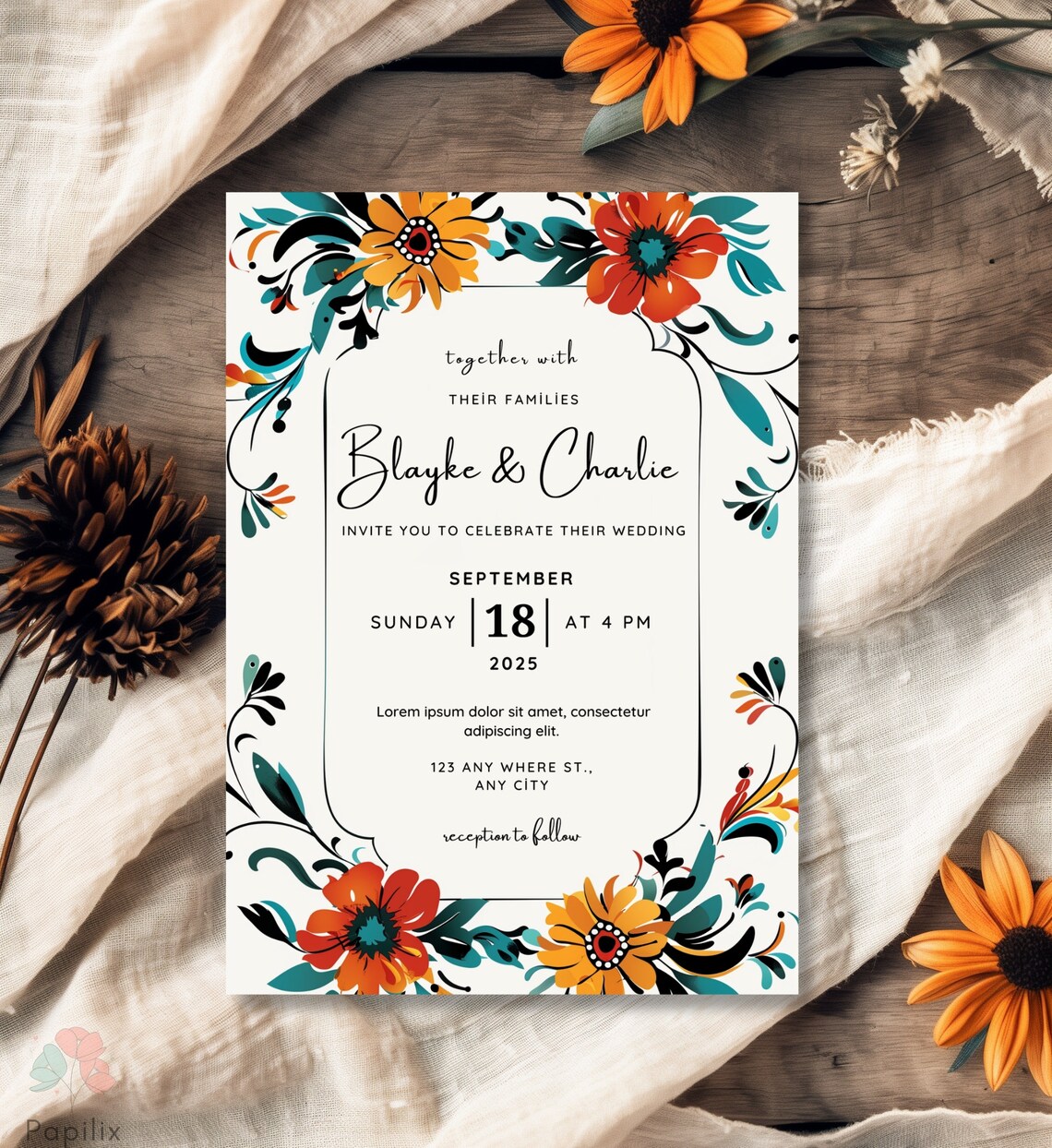 Mexican Wedding Invitation, Talavera Tile Floral Invites, Red and Teal ...