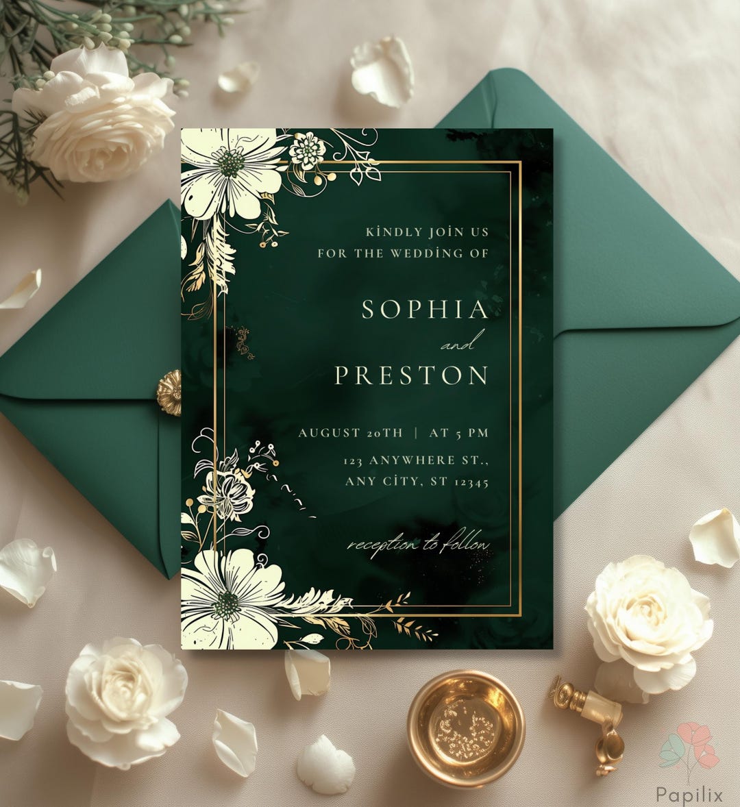 Emerald Green Floral Invitation Template, Gold Frame Invite, Dark Green ...