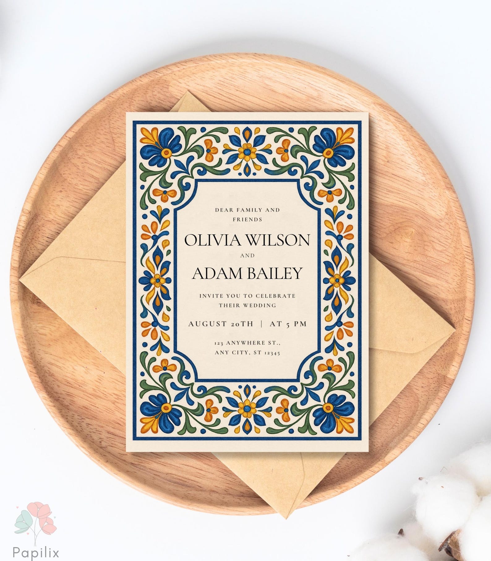 Mexican Wedding Invitation Set, Talavera Tile Fiesta Invites, Blue and ...