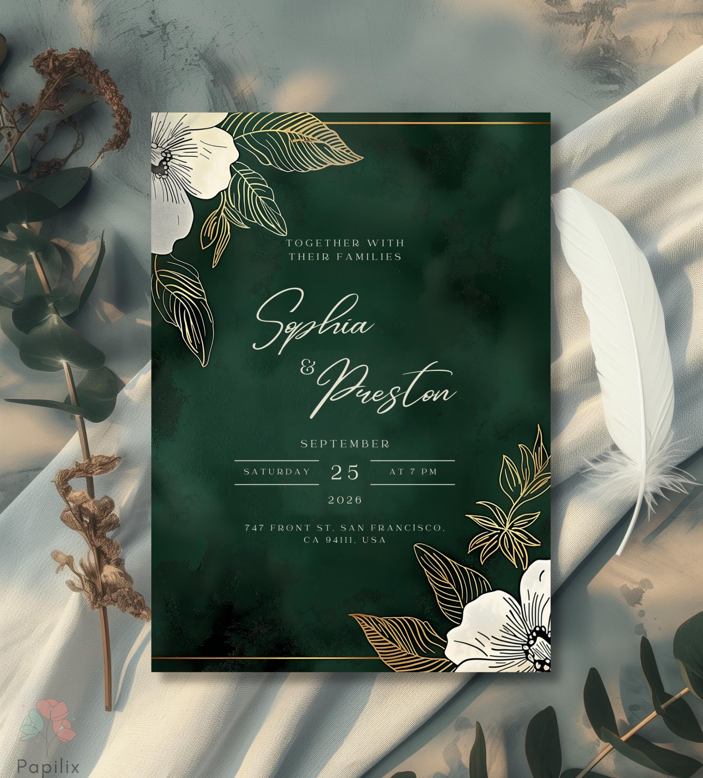 Emerald Green Wedding Invitation, Gold Floral Invites, Dark Green and ...