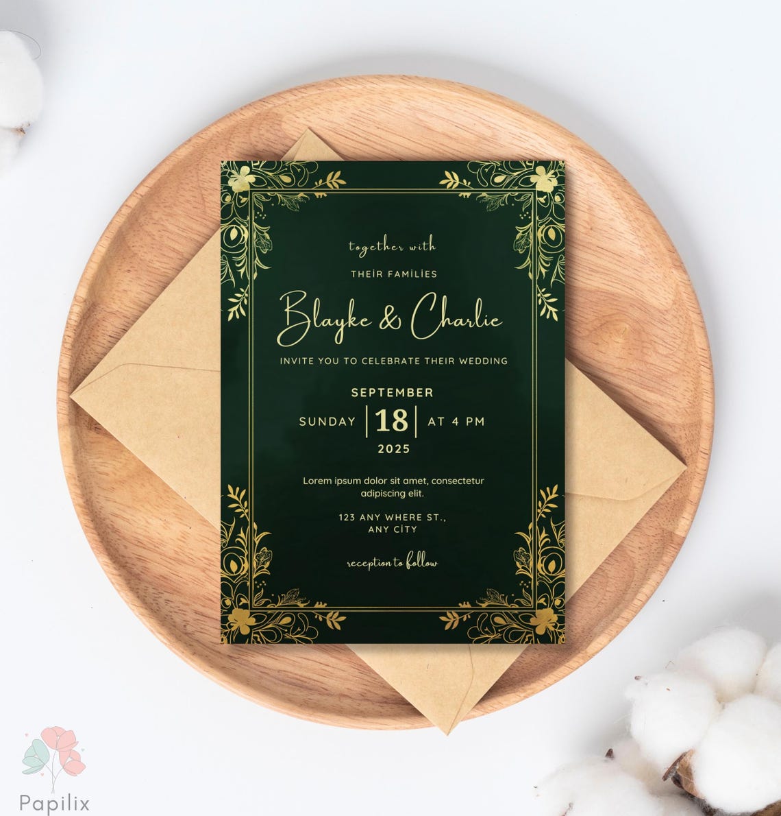 Elegant Green & Gold Wedding Invitation Set Formal Floral Invite Dark Green Gold Foil Emerald ...