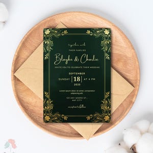 Elegant Green & Gold Wedding Invitation Set Formal Floral Invite Dark ...