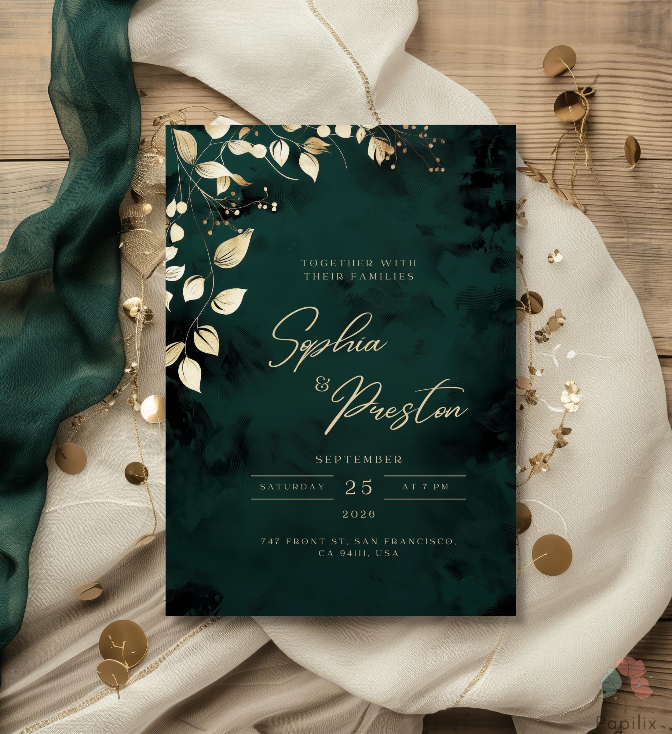 Emerald Green Wedding Invitation Template, Gold Floral Accent Invite, Dark Green & Gold Elegant ...