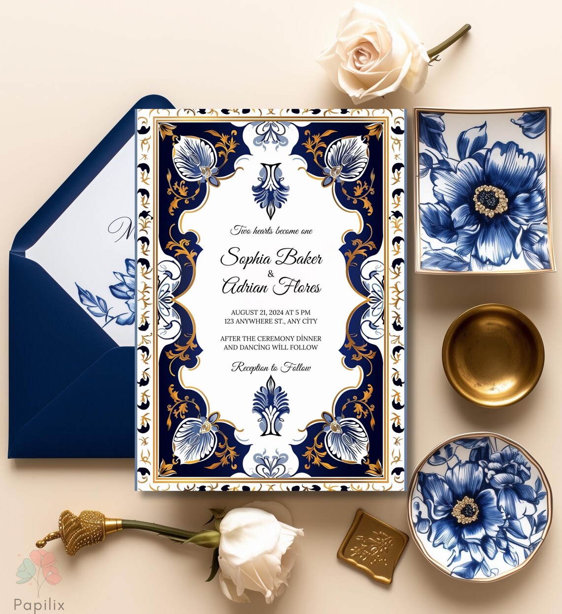 Mexican Wedding Invitation, Talavera Tile Inspired Invite, Blue and ...