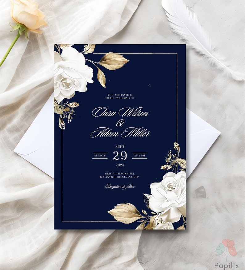 Navy Blue and Gold Wedding Invitation Template, Elegant White Rose ...