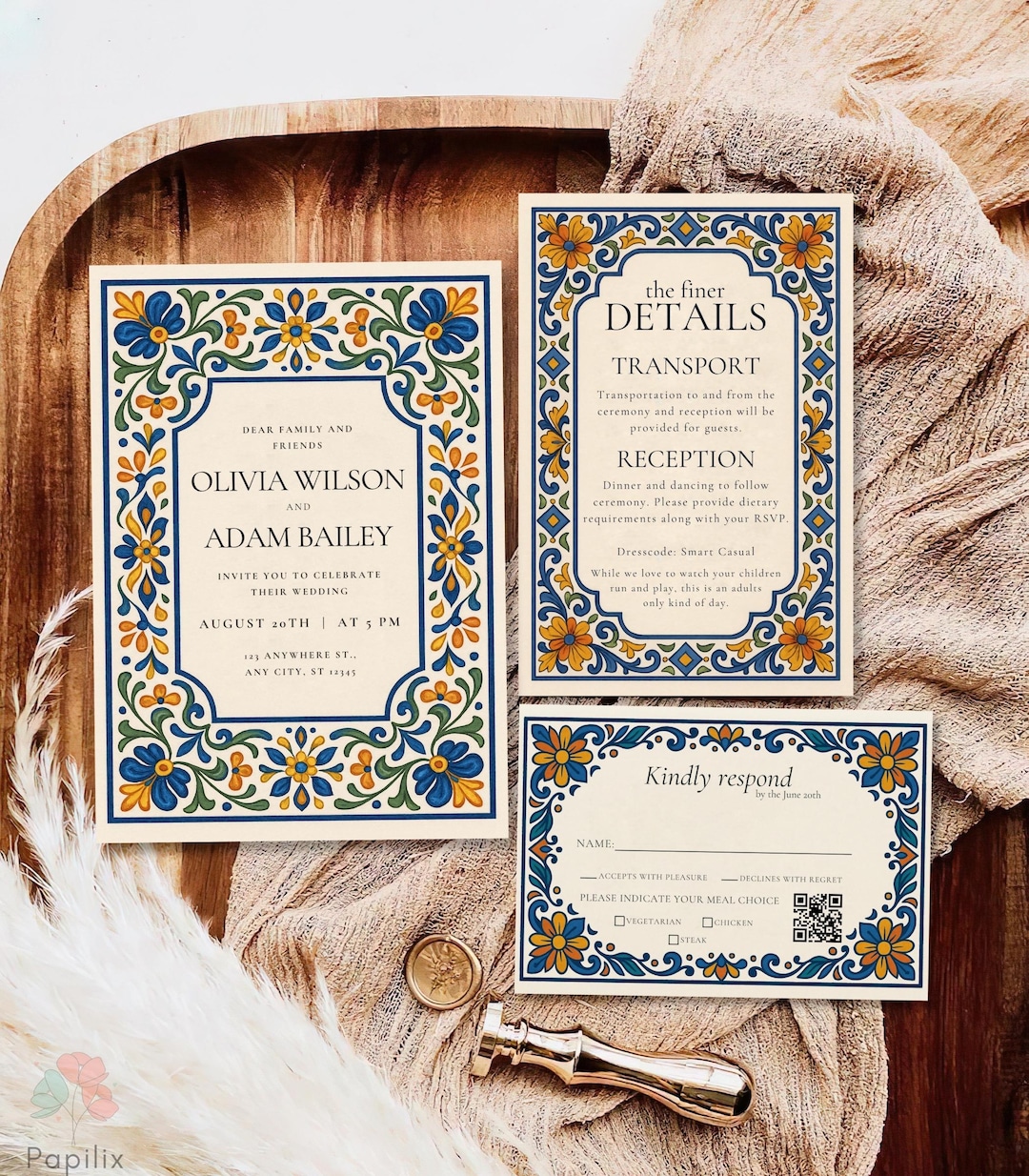 Mexican Wedding Invitation Set, Talavera Tile Fiesta Invites, Blue and ...