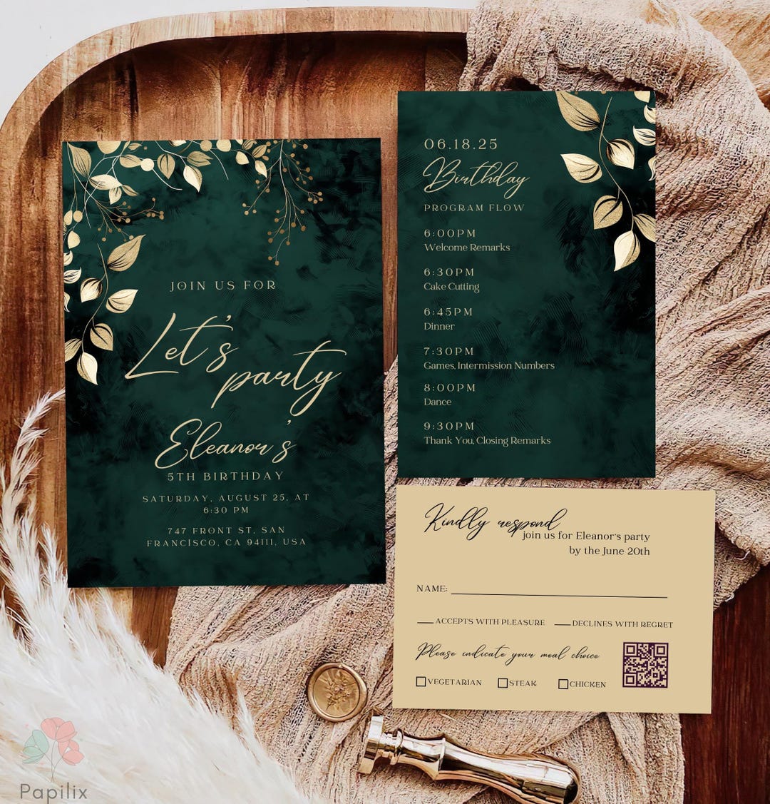 Emerald Green Birthday Invitation Set, Gold Leaf Party Invite, Elegant ...