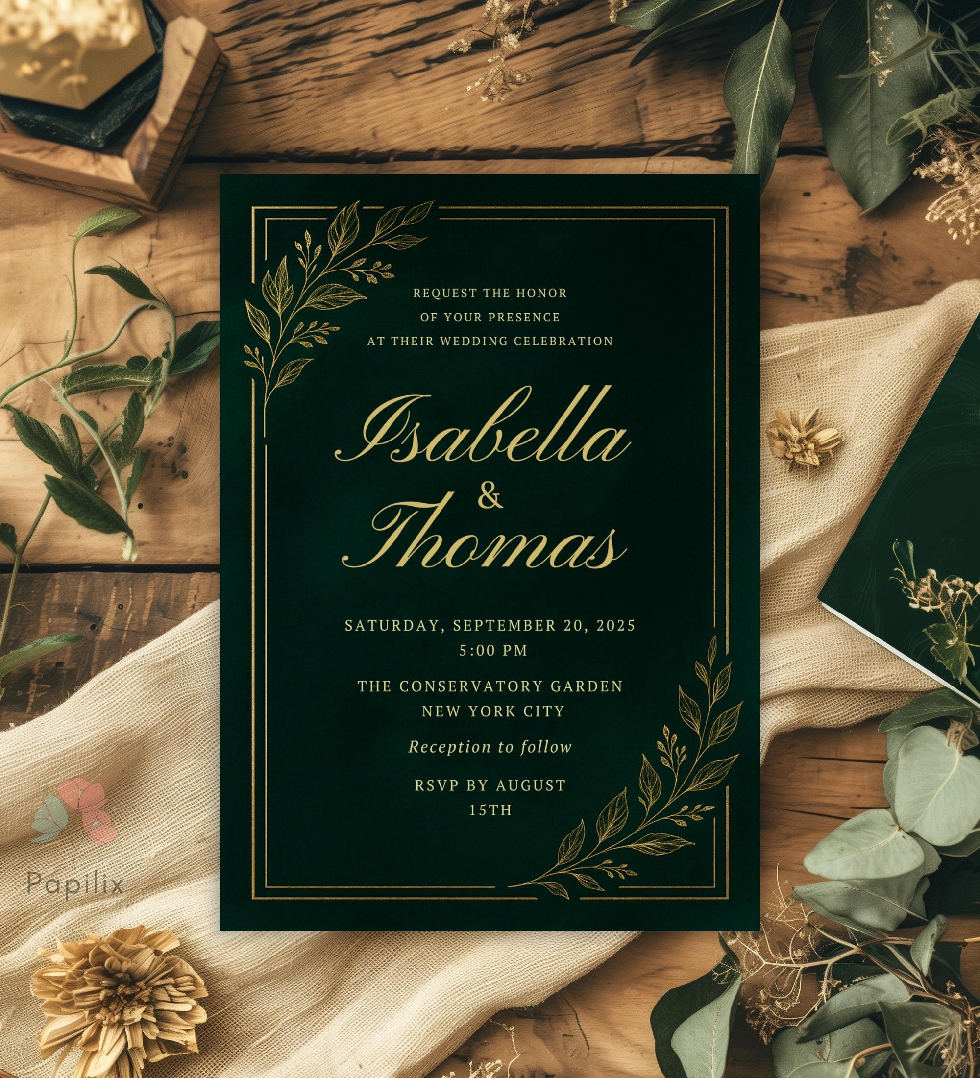 Emerald Green Wedding Invitation Template, Gold Foil Look Invites ...