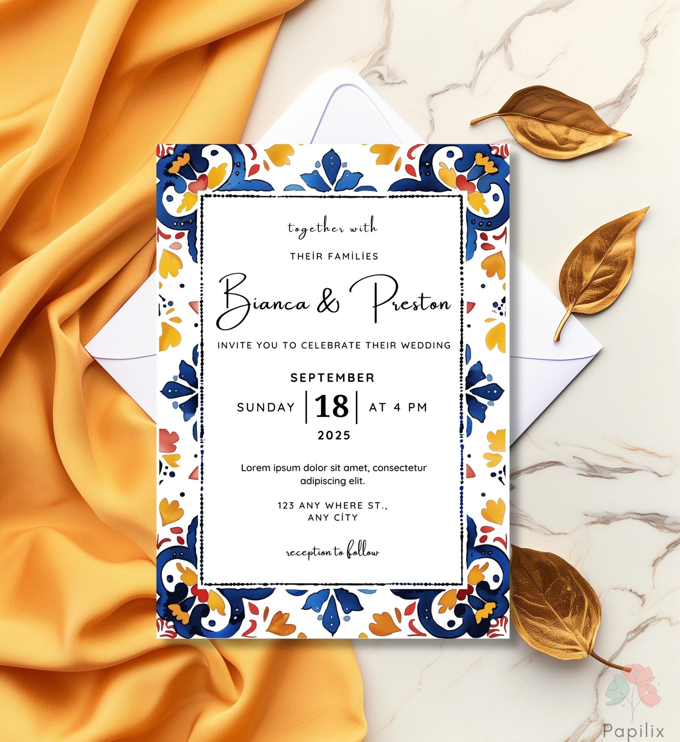 Mexican Wedding Invitation Template, Talavera Tile Border, Blue and ...
