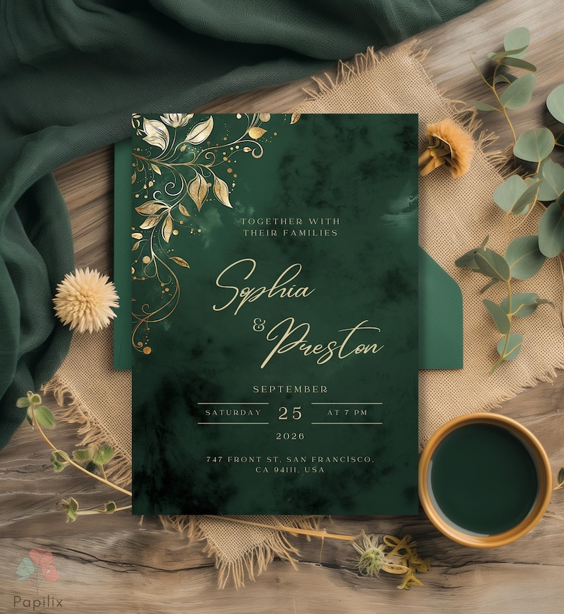 Emerald Green and Gold Wedding Invitation, Elegant Floral Invites ...
