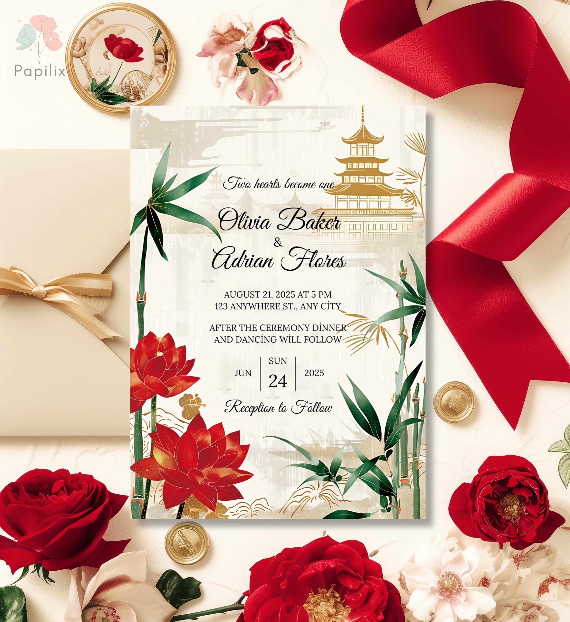 Vietnamese Asian Pagoda & Lotus Wedding Invitation, Gold and Red Floral ...