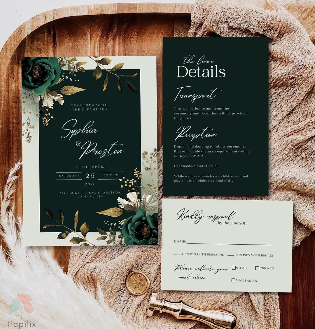 Emerald Green and Gold Wedding Invitation Set, Elegant Greenery ...