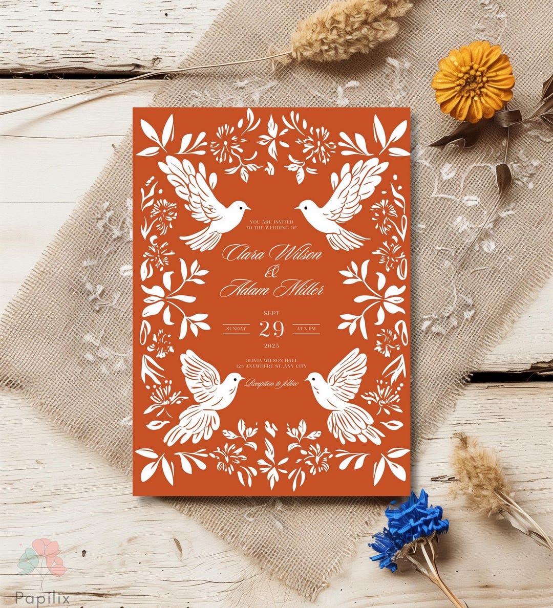 Terracotta Mexican Wedding Invitation Template, Folk Art Birds Floral ...