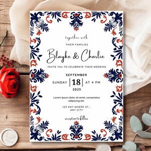 Mexican Talavera Tile Wedding Invitation, Blue and Red Folk Art Invite ...