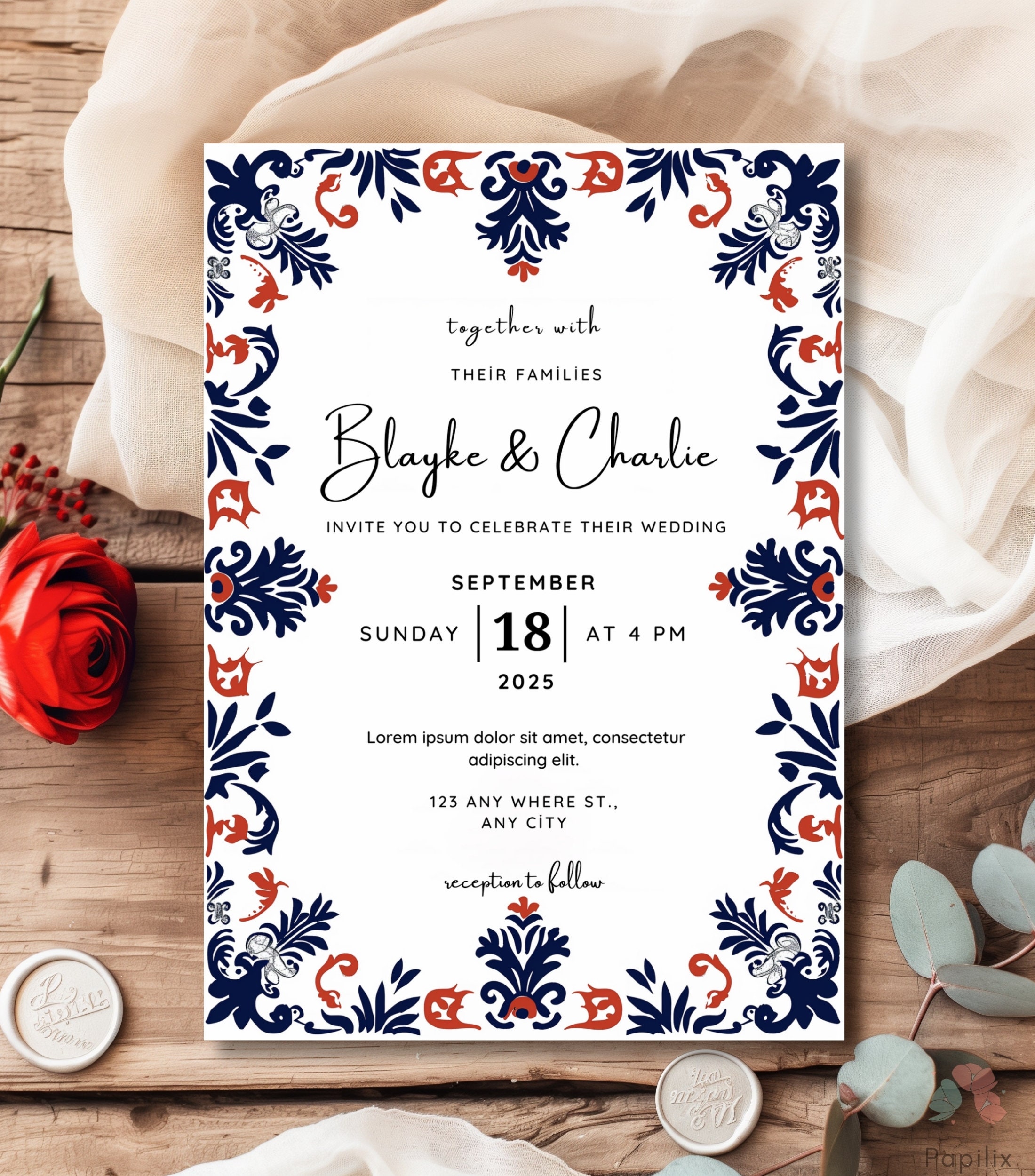 Mexican Talavera Tile Wedding Invitation, Blue and Red Folk Art Invite ...