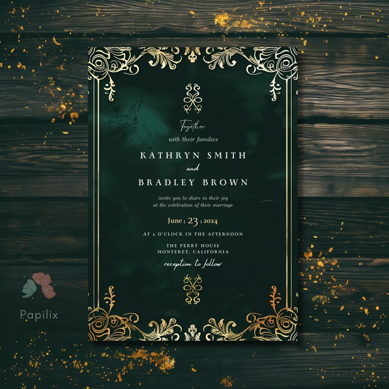 Emerald Green and Gold Wedding Invitation, Elegant Dark Green Floral ...