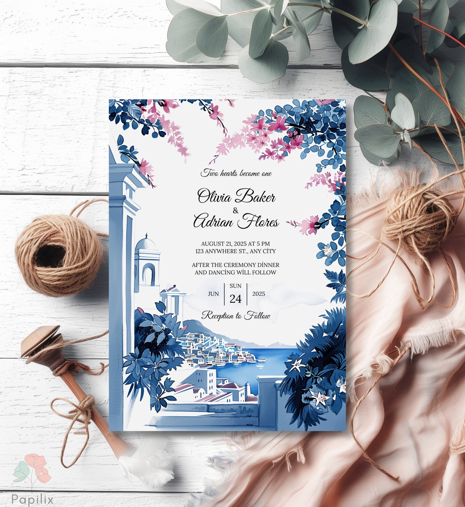 Greece Wedding Invitation, Seaside Village Wedding Invite, Blue and ...