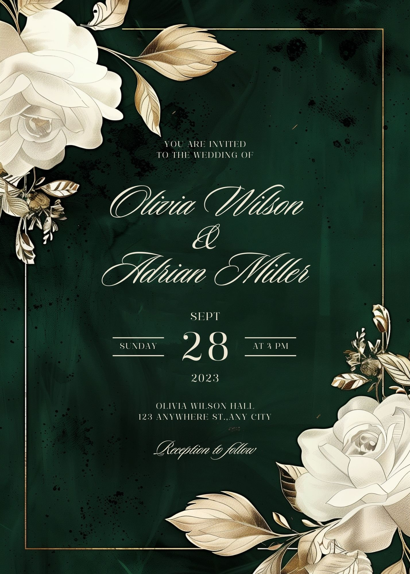 Emerald Green and Gold Floral Wedding Invitation, Elegant Greenery ...
