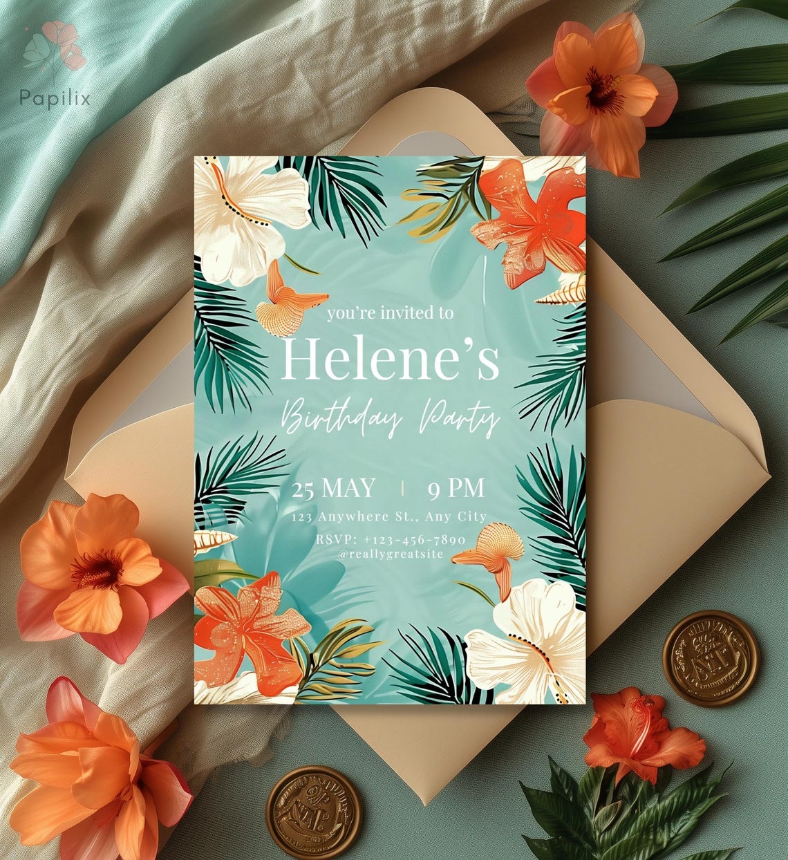 Tropical Flower Birthday Invitation, Hibiscus and Palm Leaf Invite ...