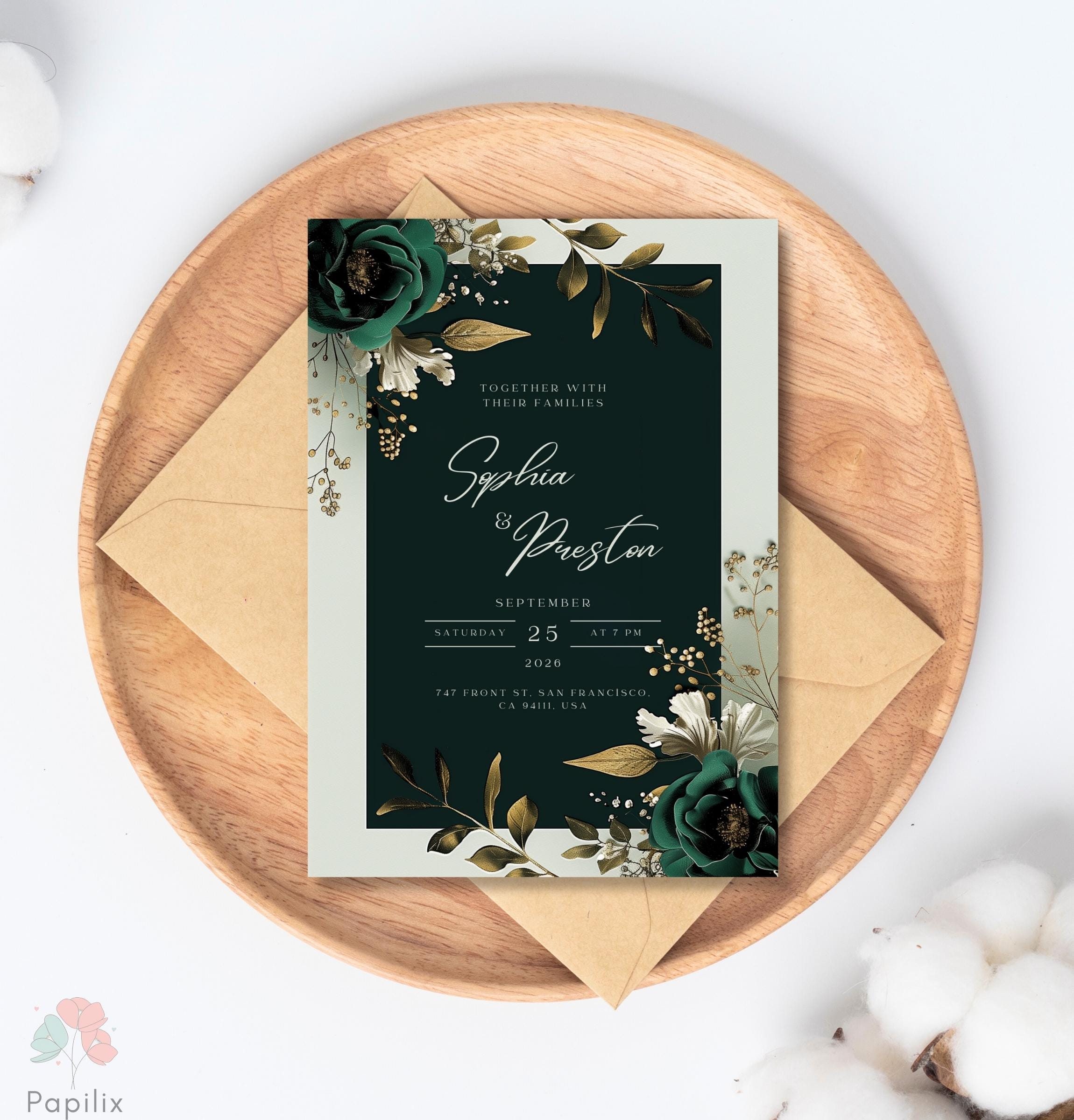 Emerald Green and Gold Wedding Invitation Set, Elegant Greenery ...