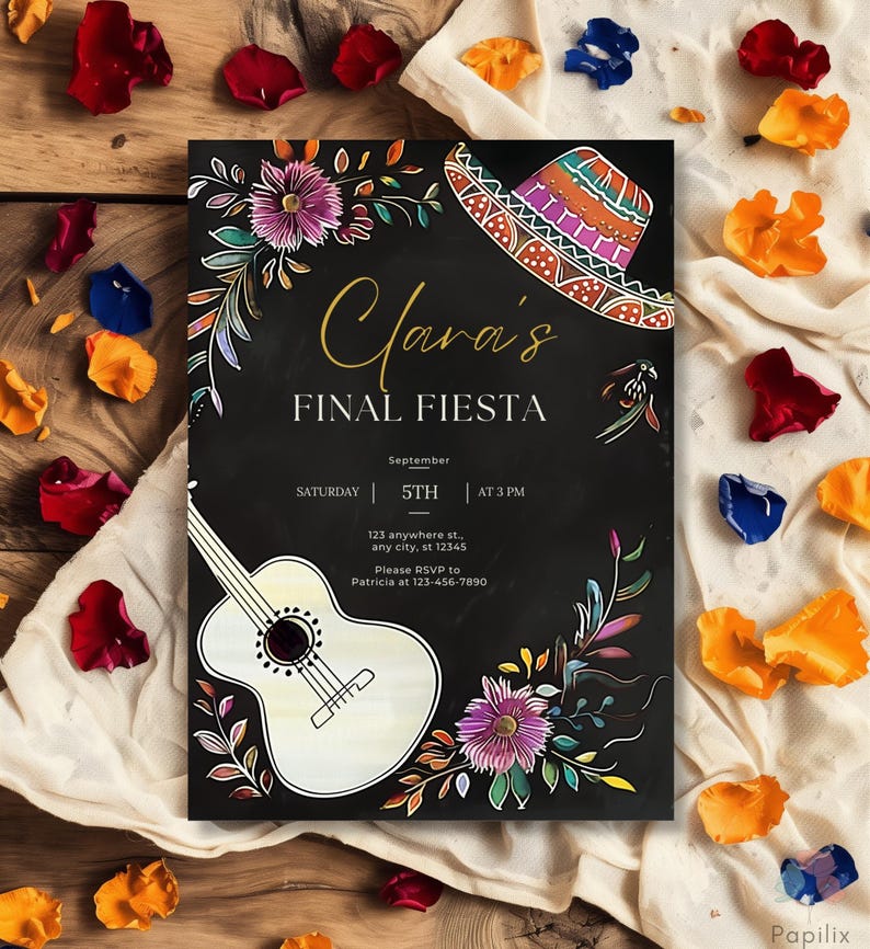 Fiesta Party Invitation, Mexican Themed Invite, Sombrero and Guitar ...