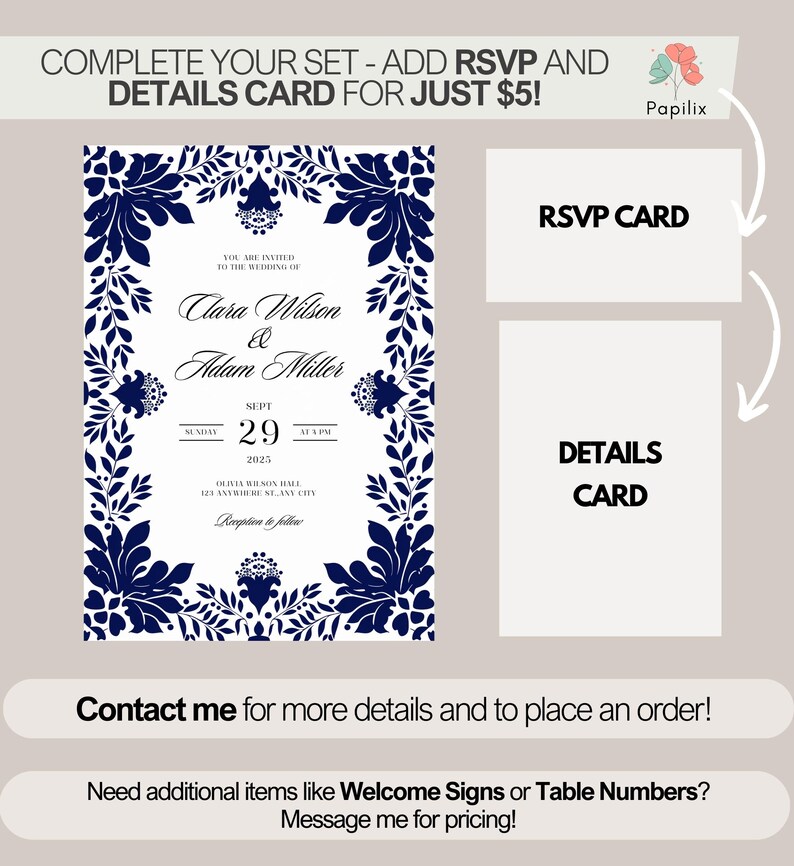 Blue and White Floral Border Invitation, Mexican Talavera Inspired ...