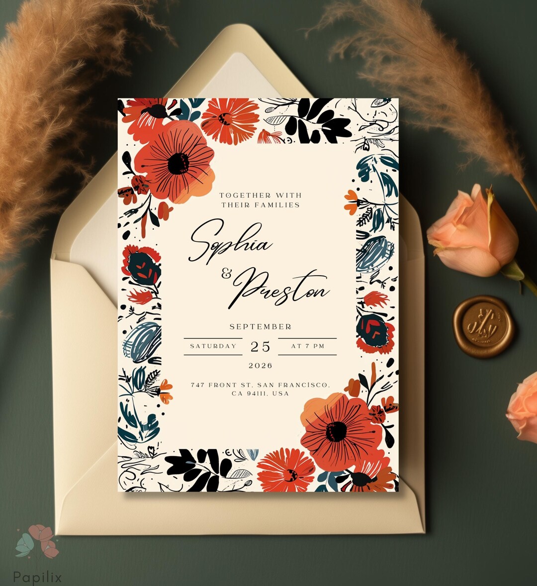 Rustic Floral Wedding Invitation, Red and Teal Flower Border Invite ...