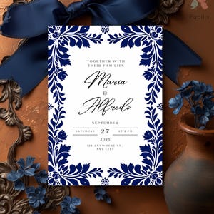 Mexican Wedding Invitation Template, Blue Floral Invite, Talavera Tile ...