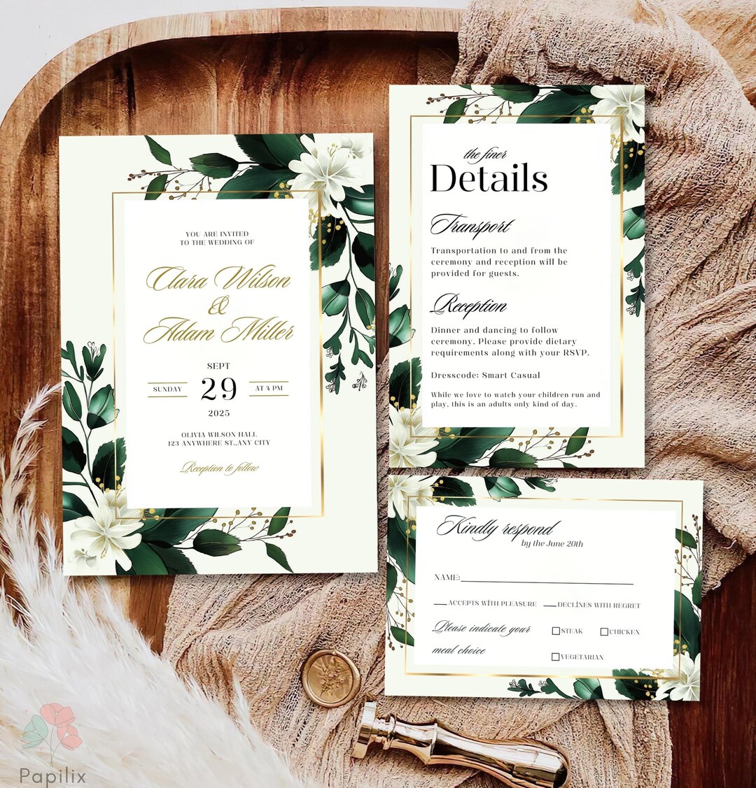 Green Gold White Invitations Set, Watercolor Floral Green and Gold ...