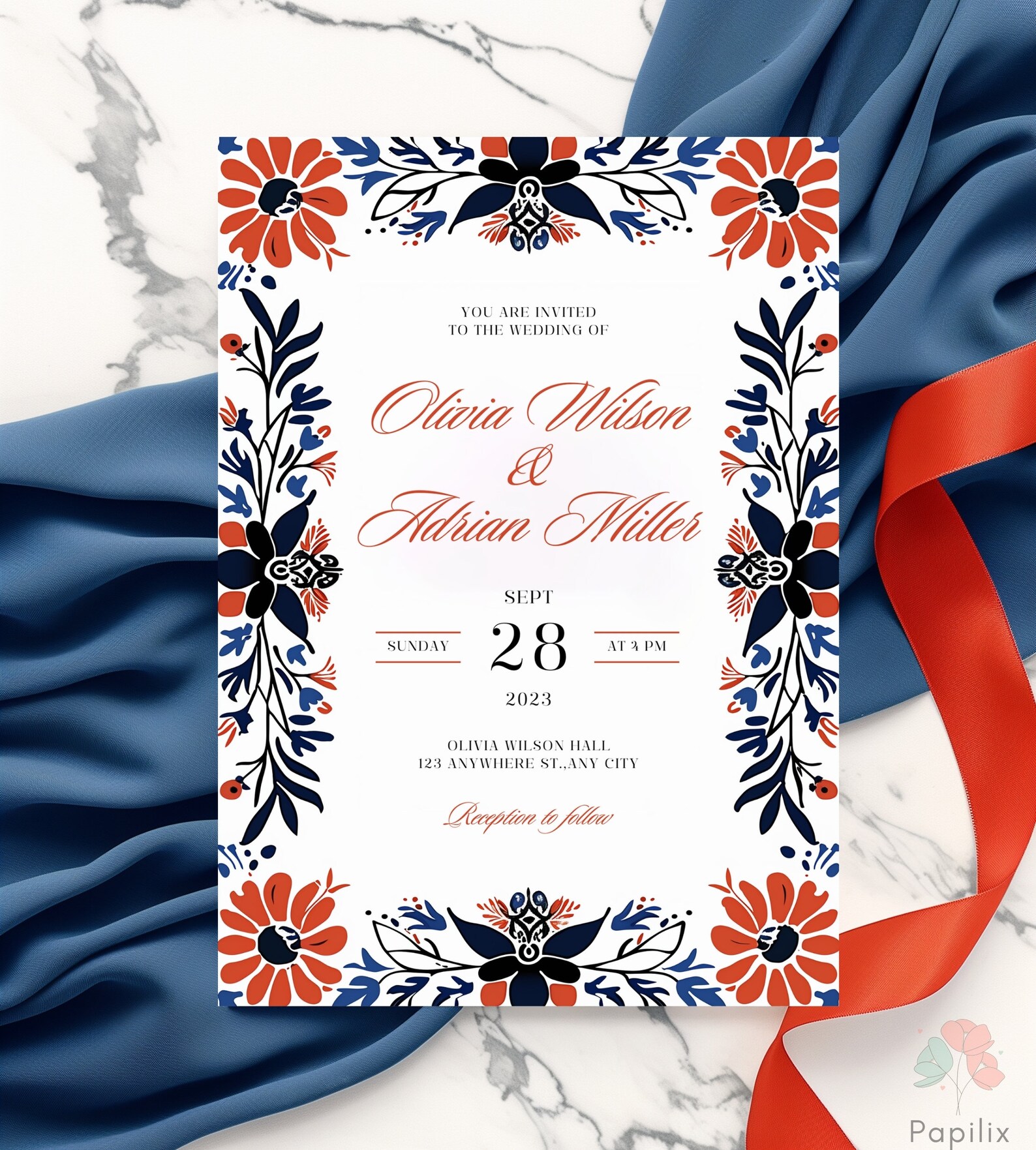 Mexican Wedding Invitation, Talavera Tile Invites, Red and Blue Floral ...