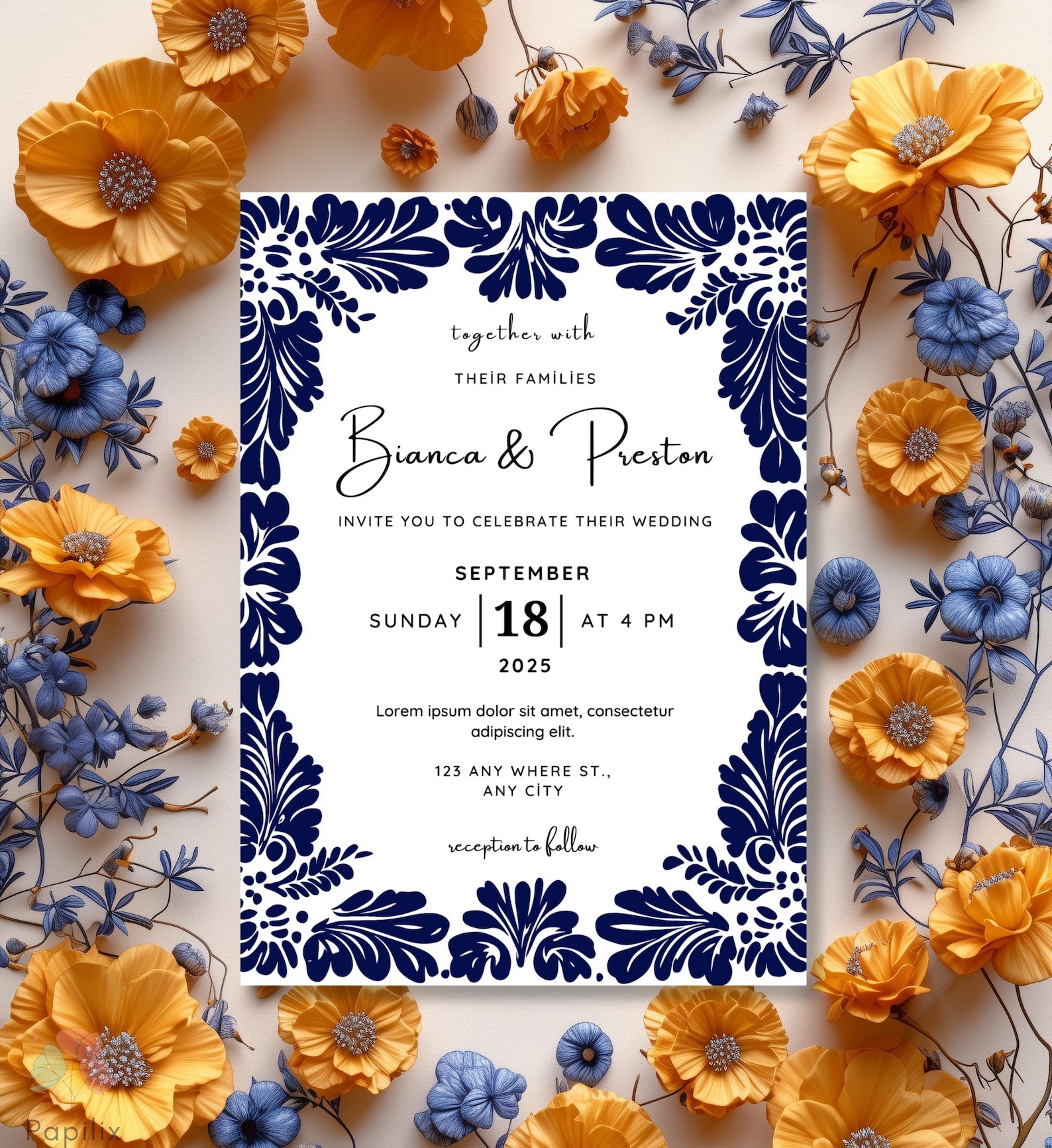 Invitación de boda mexicana azul, invitación con azulejos de Talavera ...
