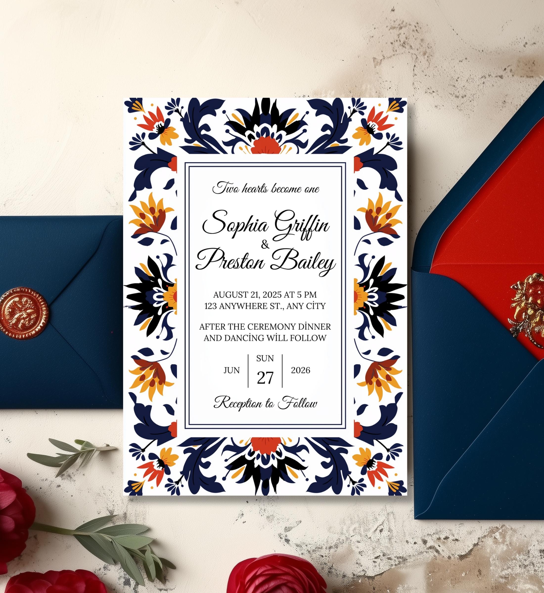 Mexican Wedding Invitation Template, Talavera Tile Floral Invite, Red ...