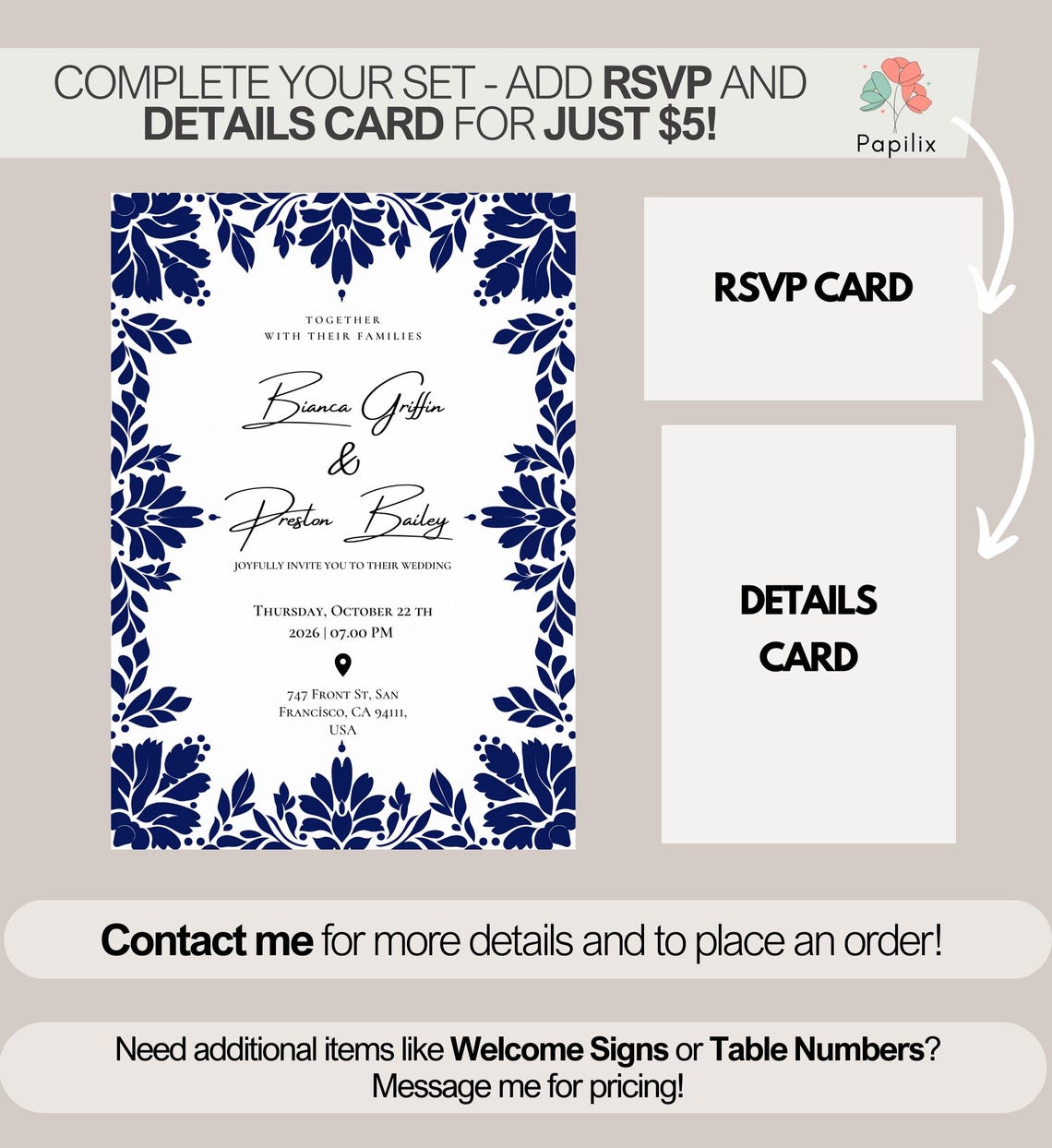 Blue Floral Wedding Invitation, Talavera Tile Inspired Invites, Navy ...