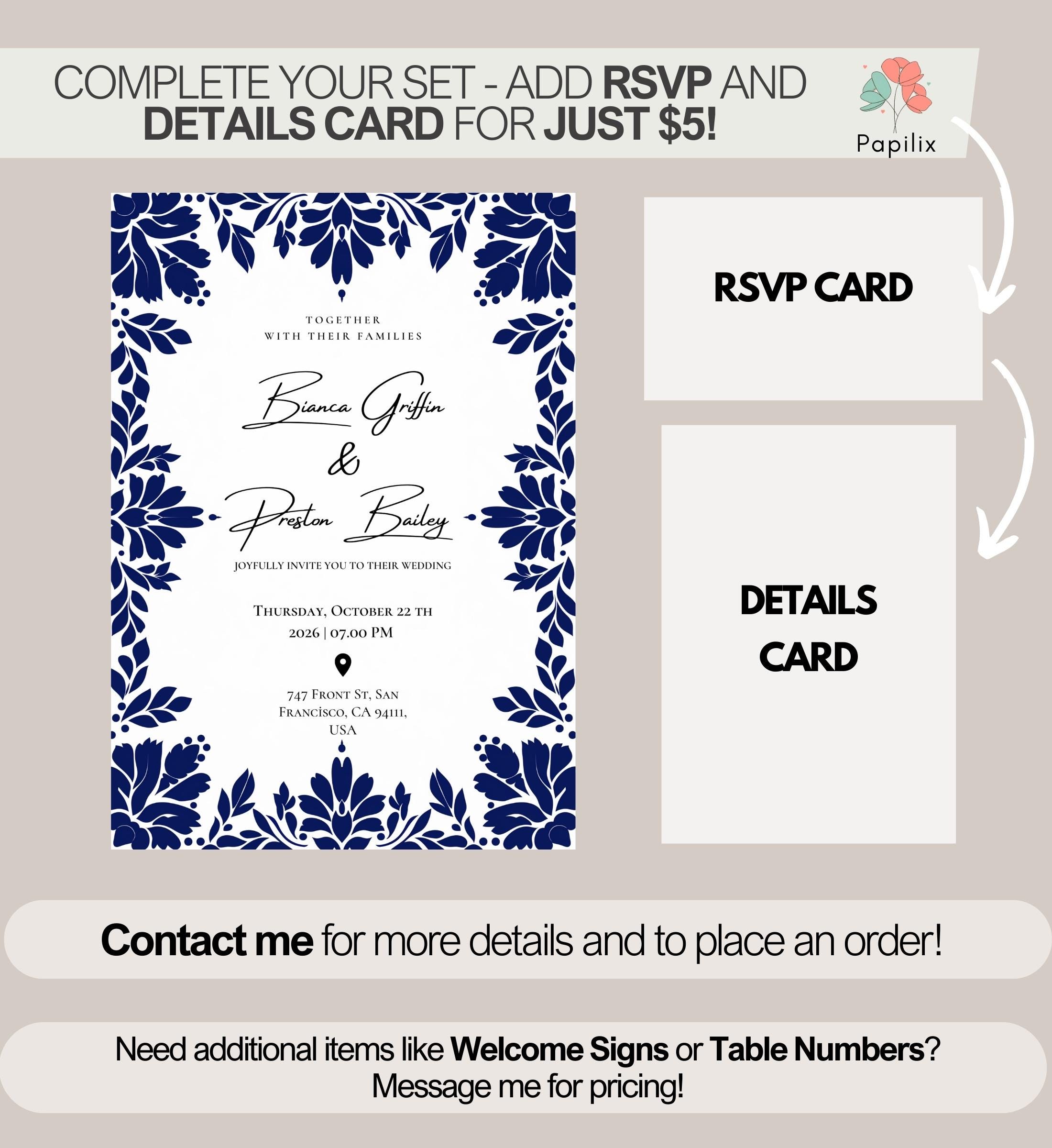 Blue Floral Wedding Invitation, Talavera Tile Inspired Invites, Navy ...