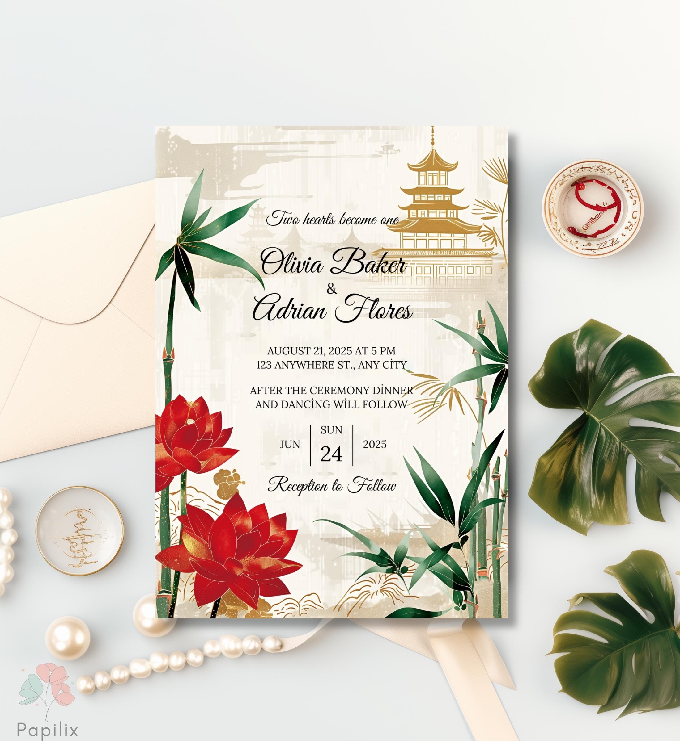 Vietnamese Asian Pagoda & Lotus Wedding Invitation, Gold and Red Floral ...