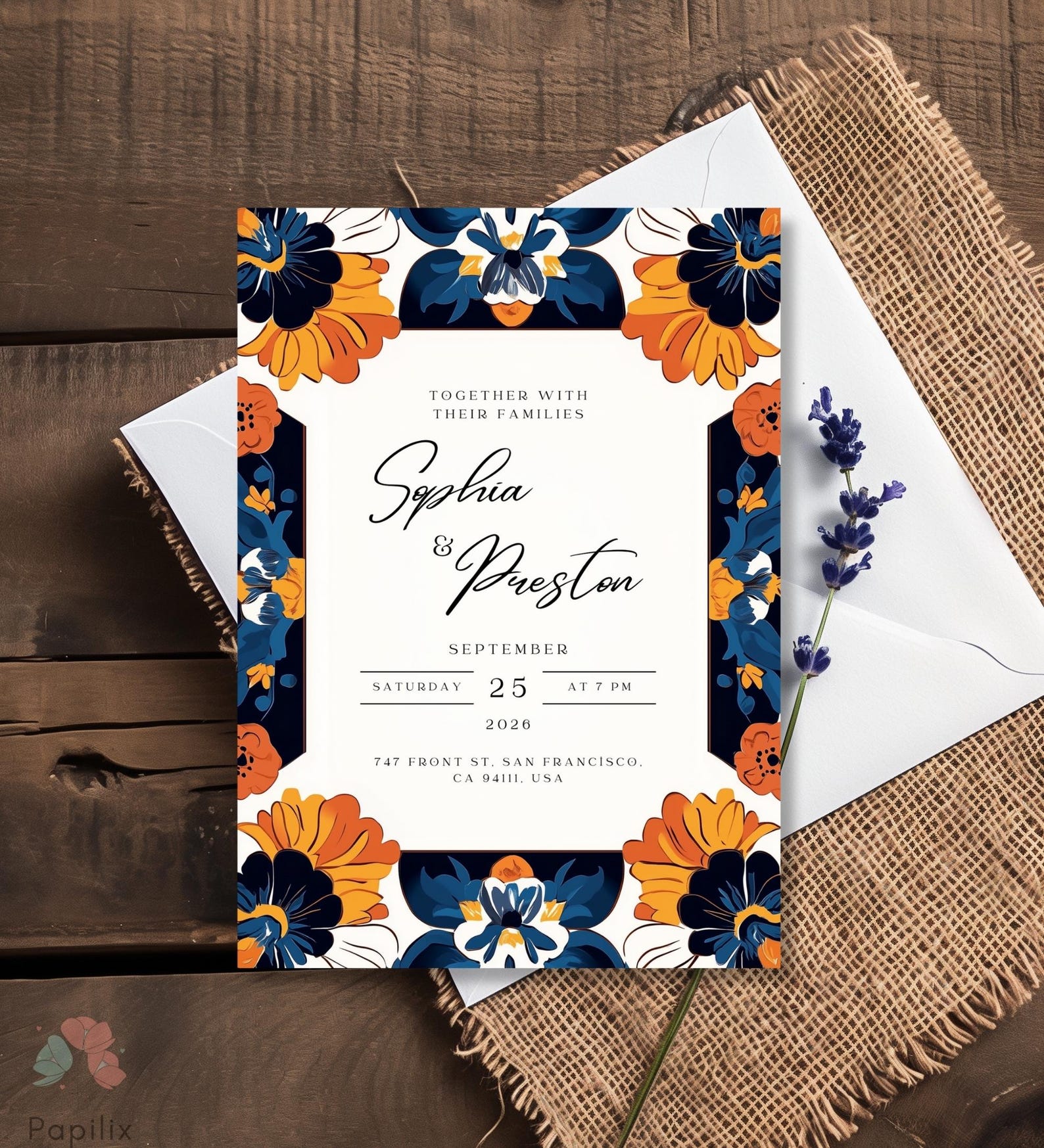 Mexican Wedding Invitation, Talavera Tile Inspired Invites, Blue and ...