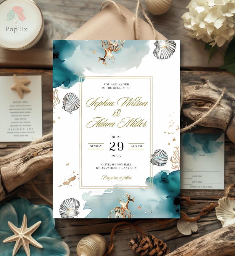 Nautical Wedding Invitation, Ocean Blue and Gold Invite, Summer Beach Themed Shells and Coral ...