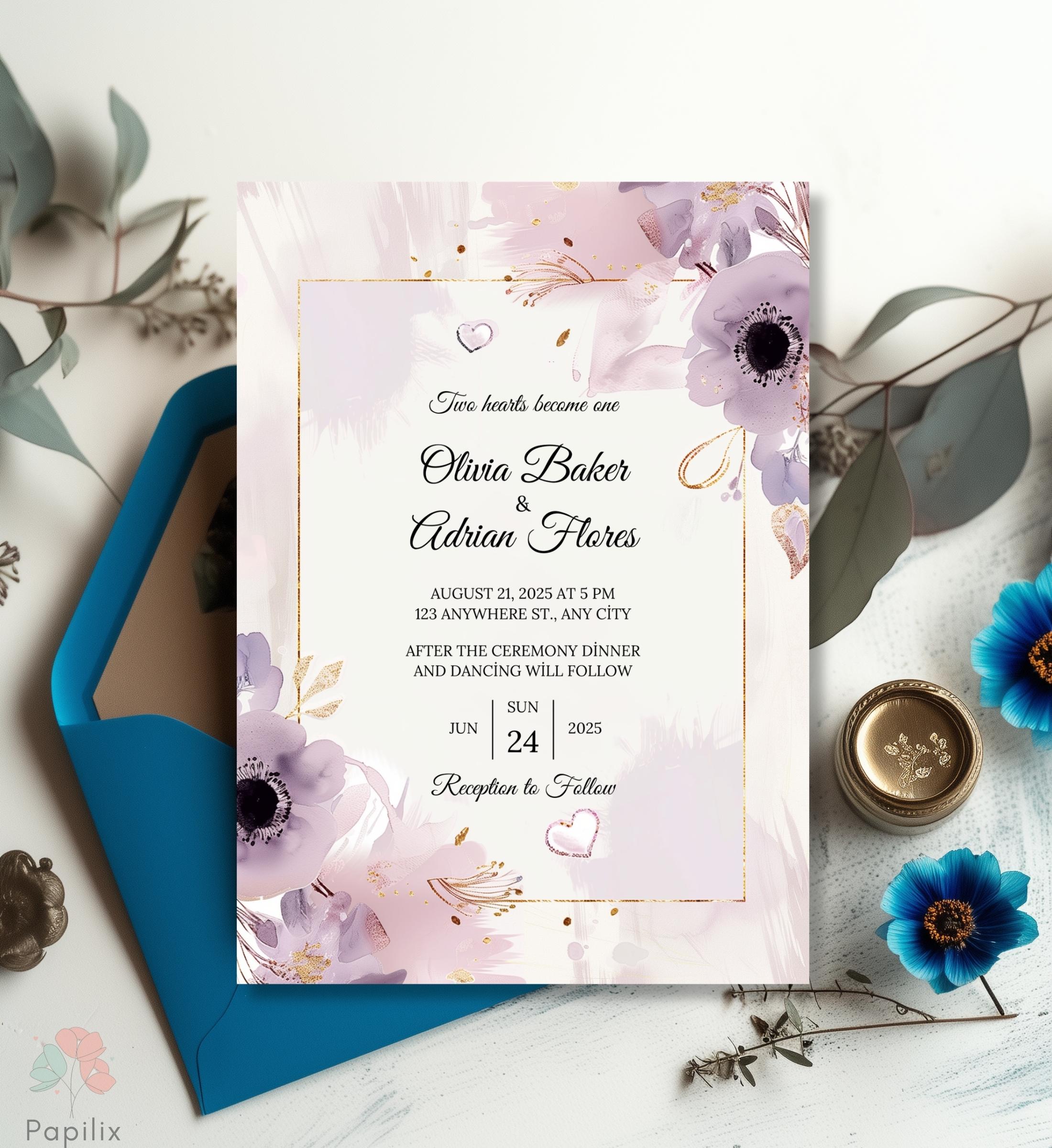 Soft Pastel Floral Wedding Invitation, Purple and Gold Watercolor ...