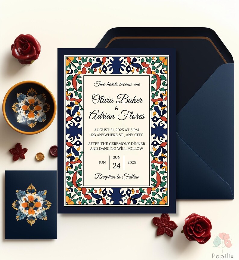 Mexican Invitation Template, Fiesta Colorful Blue & Red Pattern, Otomi ...