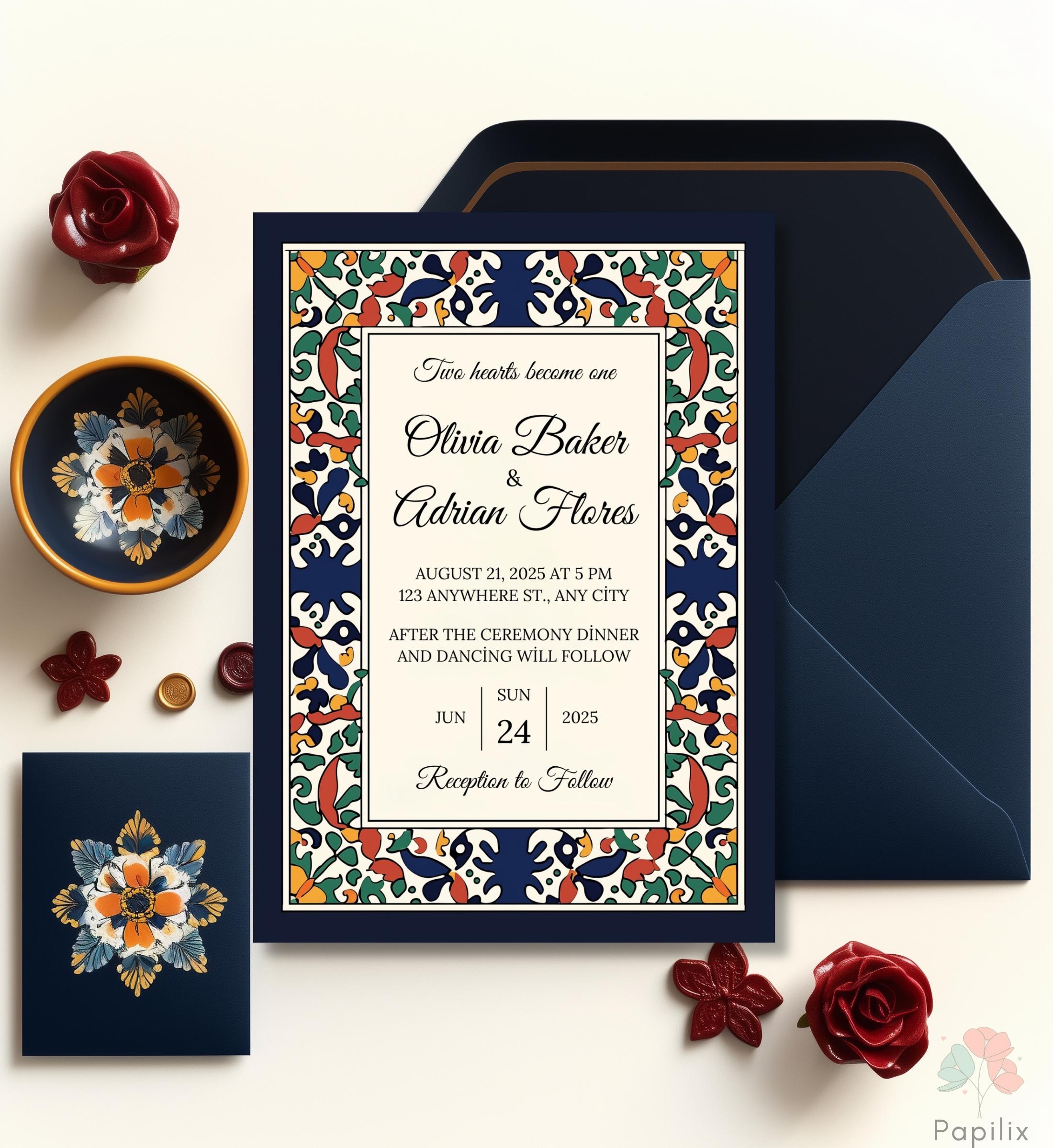 Mexican Invitation Template, Fiesta Colorful Blue & Red Pattern, Otomi ...