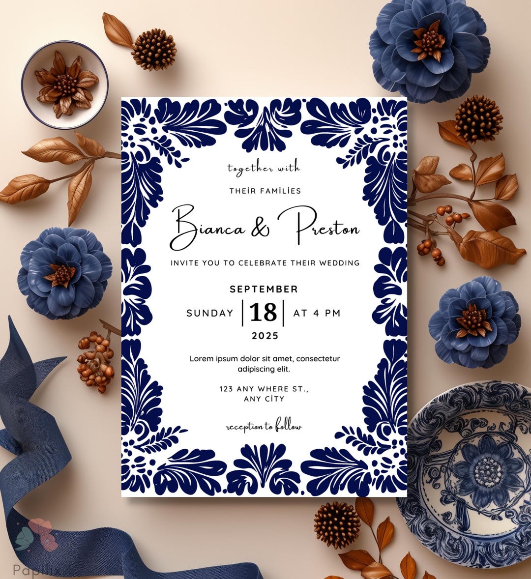 Mexican Wedding Invitation, Blue Talavera Tile Invite, Spanish Fiesta ...