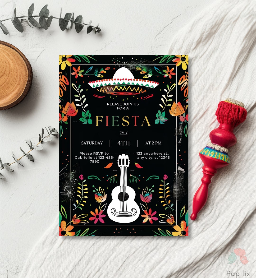 Mexican Fiesta Invitation, Sombrero and Guitar, Colorful Floral, Fiesta ...
