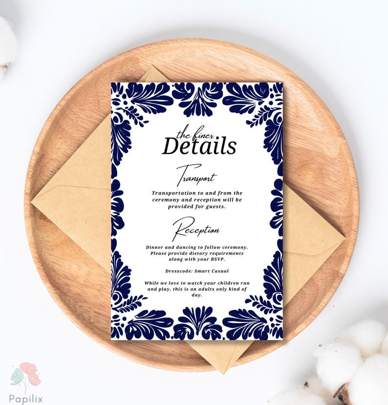 Navy Blue Floral Wedding Invitation Set, Mexican Tile Wedding Invite ...