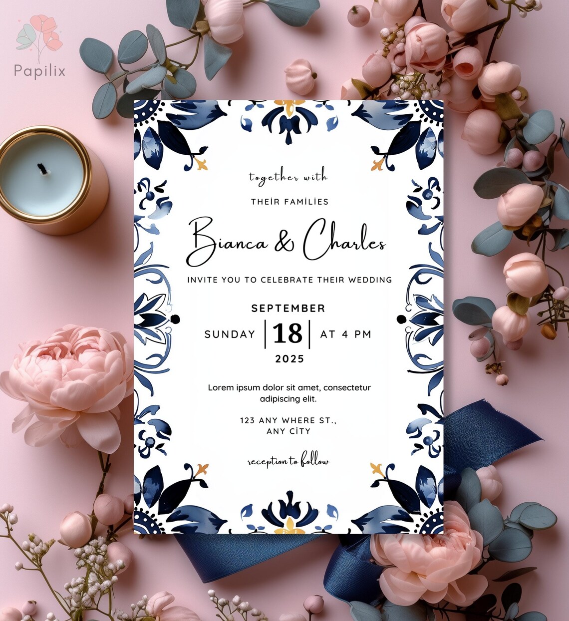 Mexican Blue Floral Wedding Invitation Template, Talavera Tile Invite ...